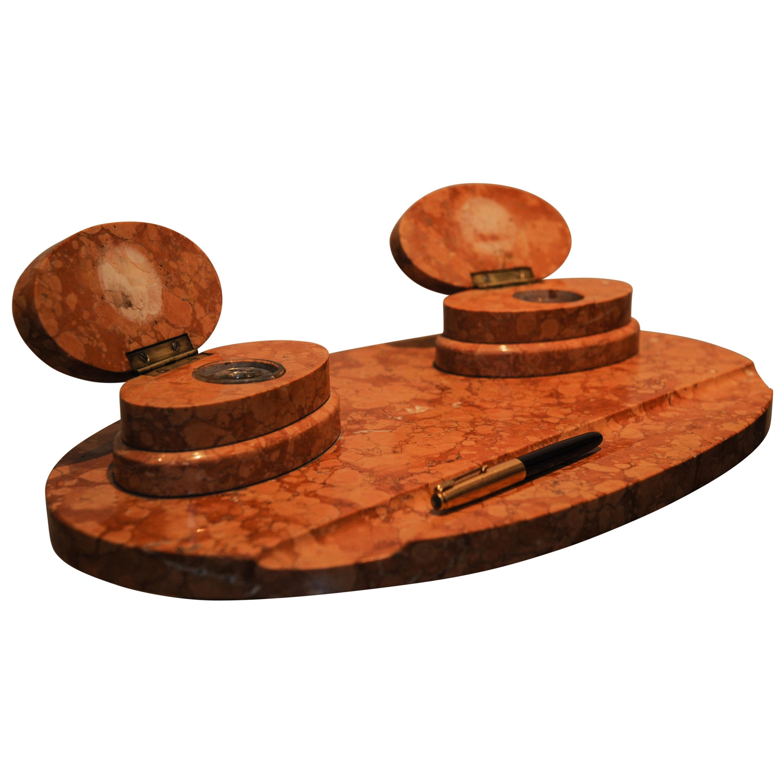 1930s Art Deco Rouge Marble Desk Set with 2 Inkwells Glass Linings and ...