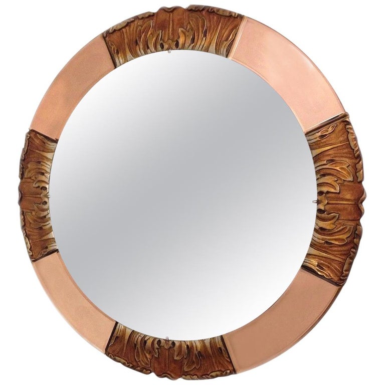 1930s Art Deco Round Rose Tinted Bevelled Edge Mirror For Sale at 1stDibs