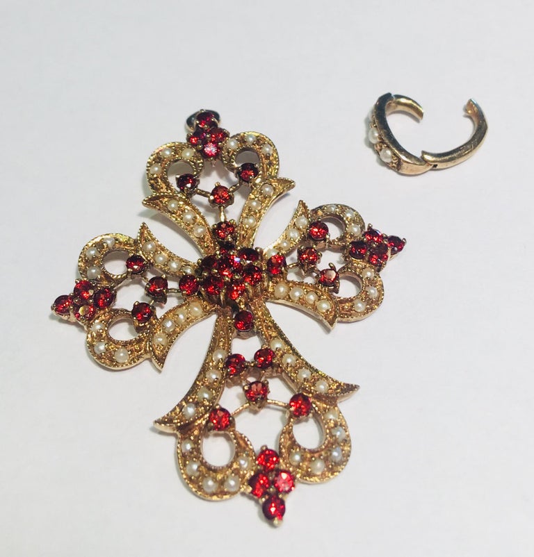 1930s Baroque Garnet and Seed Pearl Yellow Gold Filigree Cross Enhancer ...