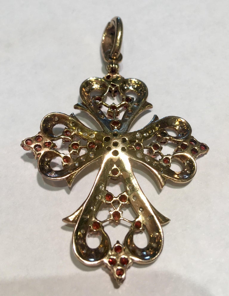 1930s Baroque Garnet and Seed Pearl Yellow Gold Filigree Cross Enhancer ...