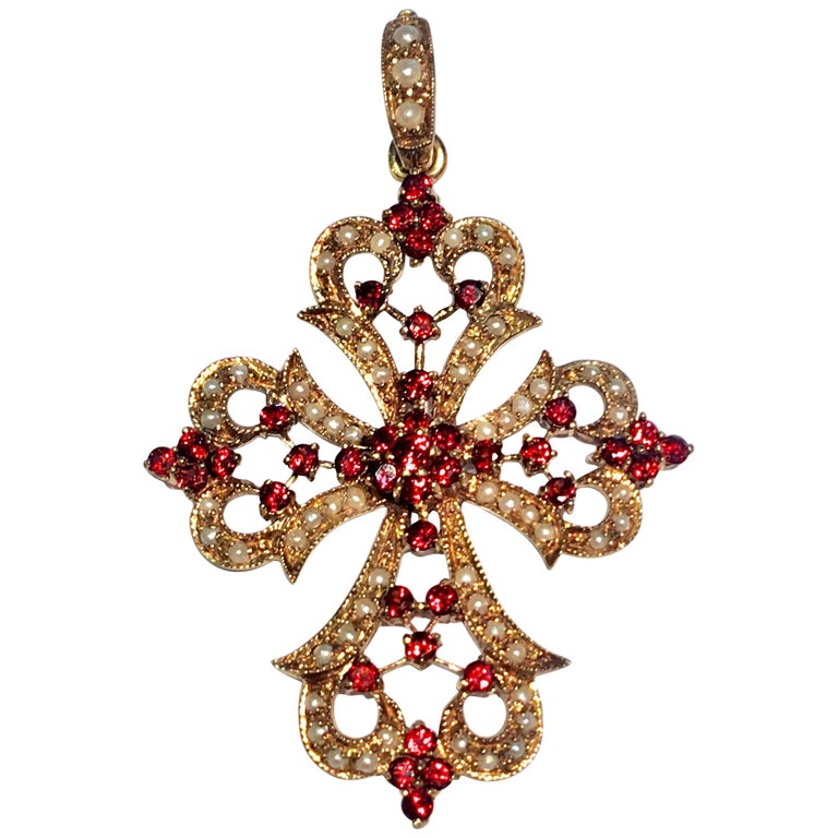 1930s Baroque Garnet and Seed Pearl Yellow Gold Filigree Cross Enhancer ...
