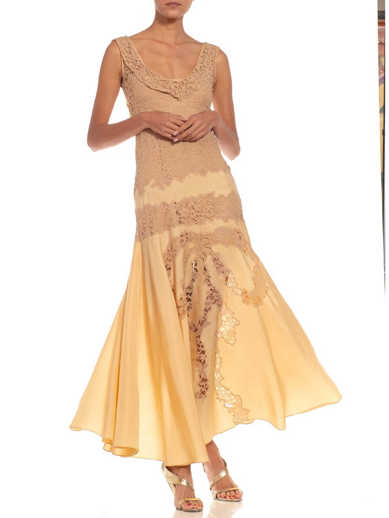 1930S Beige and Yellow Gold Chiffon Lace Slip Dress For Sale at 1stDibs