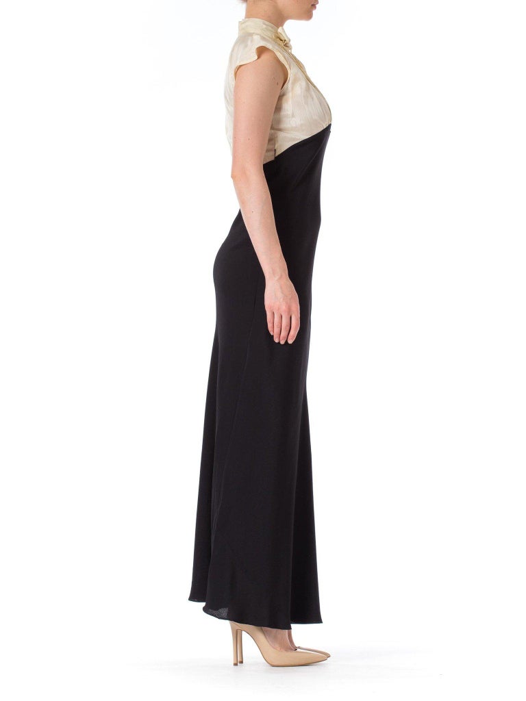 1930S Black and White Bias Cut Rayon Crepe Bow Neck Gown With Moiré ...