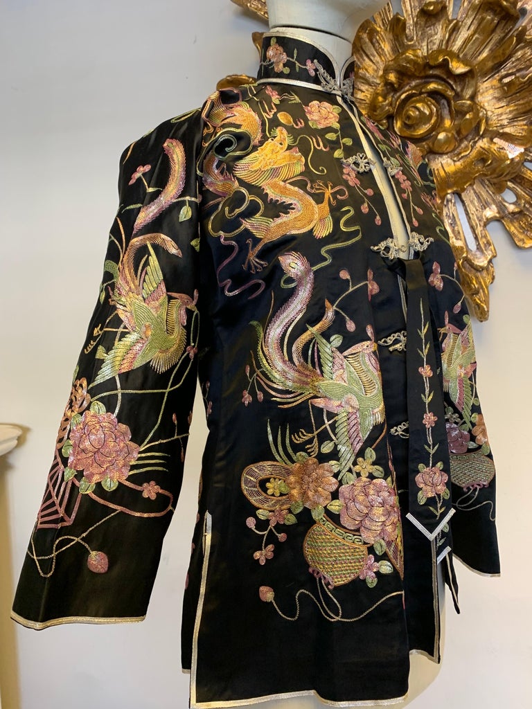 1930s Black Chinese Silk Jacket w Metallic Foil Embroidered Phoenix ...