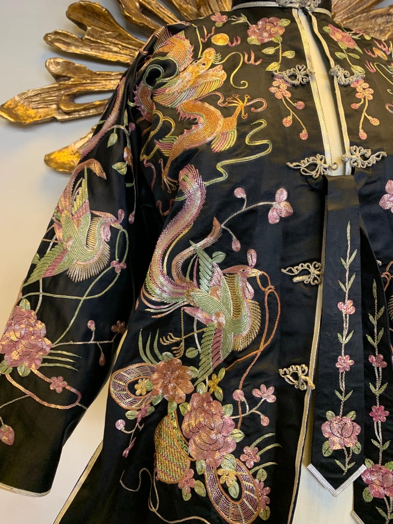 1930s Black Chinese Silk Jacket w Metallic Foil Embroidered Phoenix ...