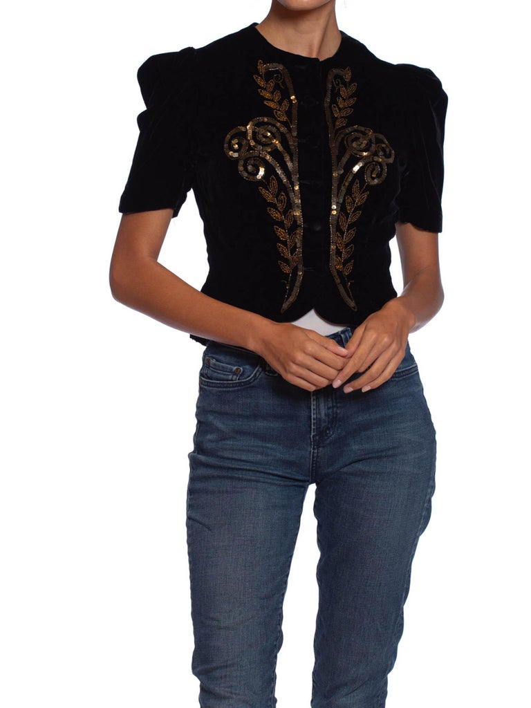1930S Black Rayon and Silk Velvet Top With Copper Beading at 1stDibs
