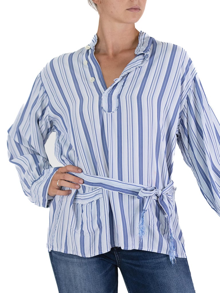 1930S Blue and White Cold Rayon Striped Pajama Top With Belt For Sale ...