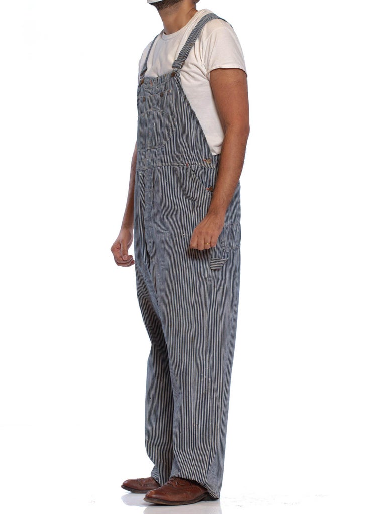 1930S Blue and White Cotton Men's Distressed Railroad Stripe Denim ...