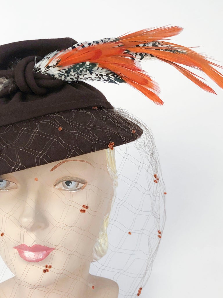 1930s Brown Sculpted Fur Felt Hat with Feathers and Full Veil at ...