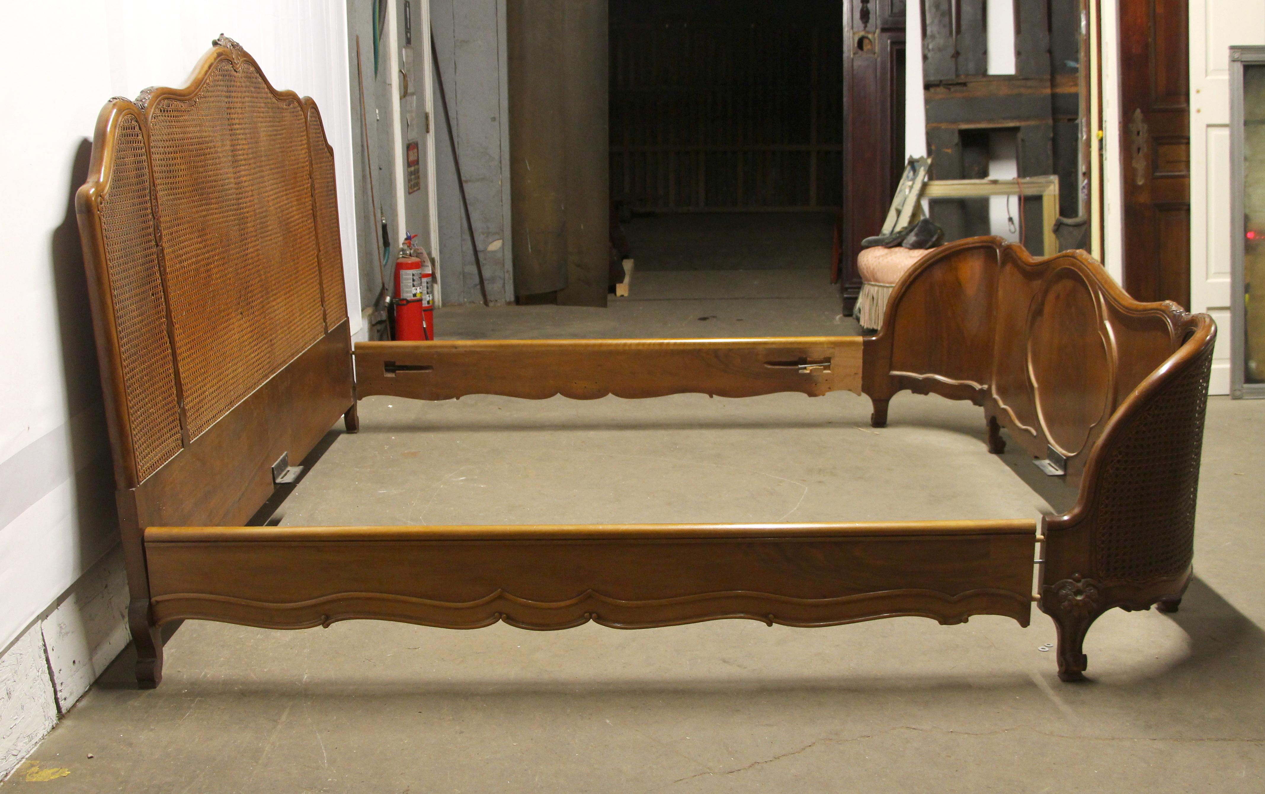 1930s Carved Dark Tone Walnut and Cane Art Deco King Size Bed Wood ...