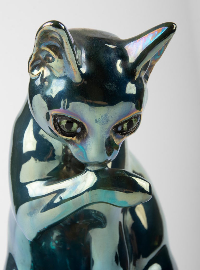 1930's Ceramic Cat Figure with Iridescent Glaze, Alph. Cytère ...