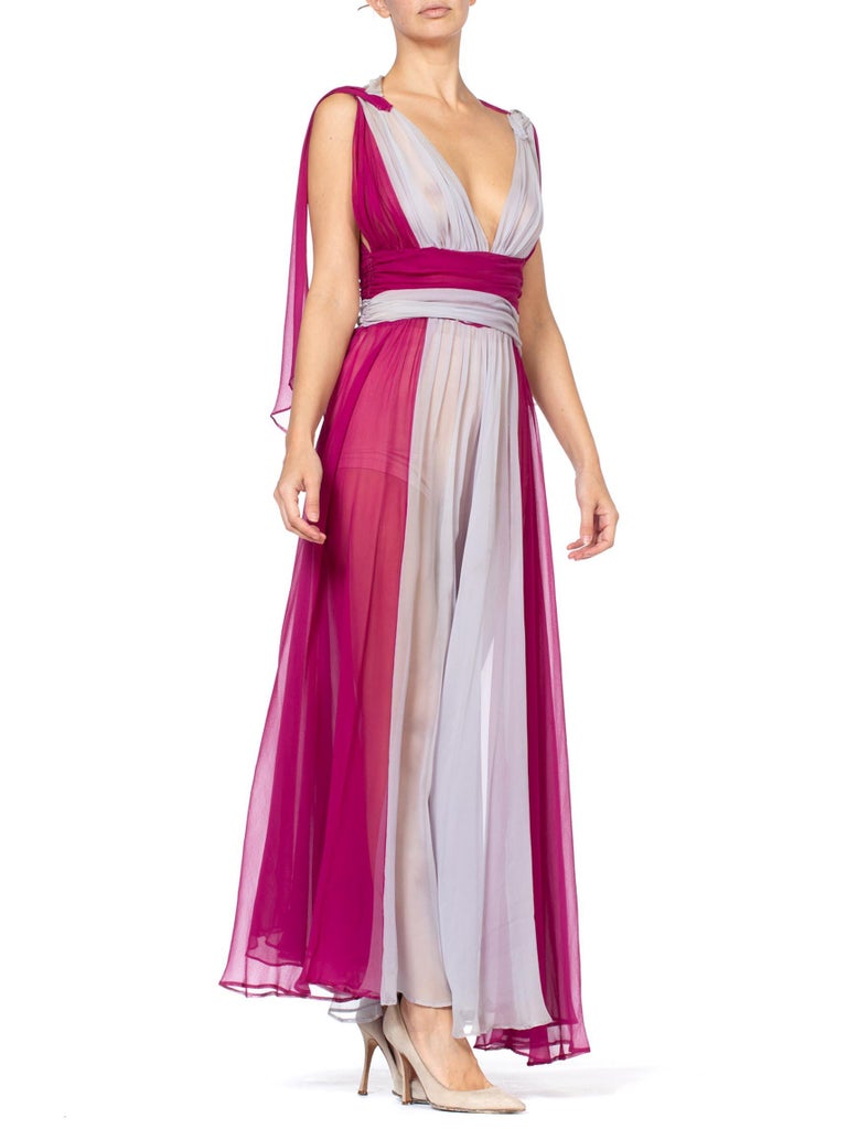 1930S Magenta and Grey Silk Chiffon Rare Color-Blocked Gown With ...