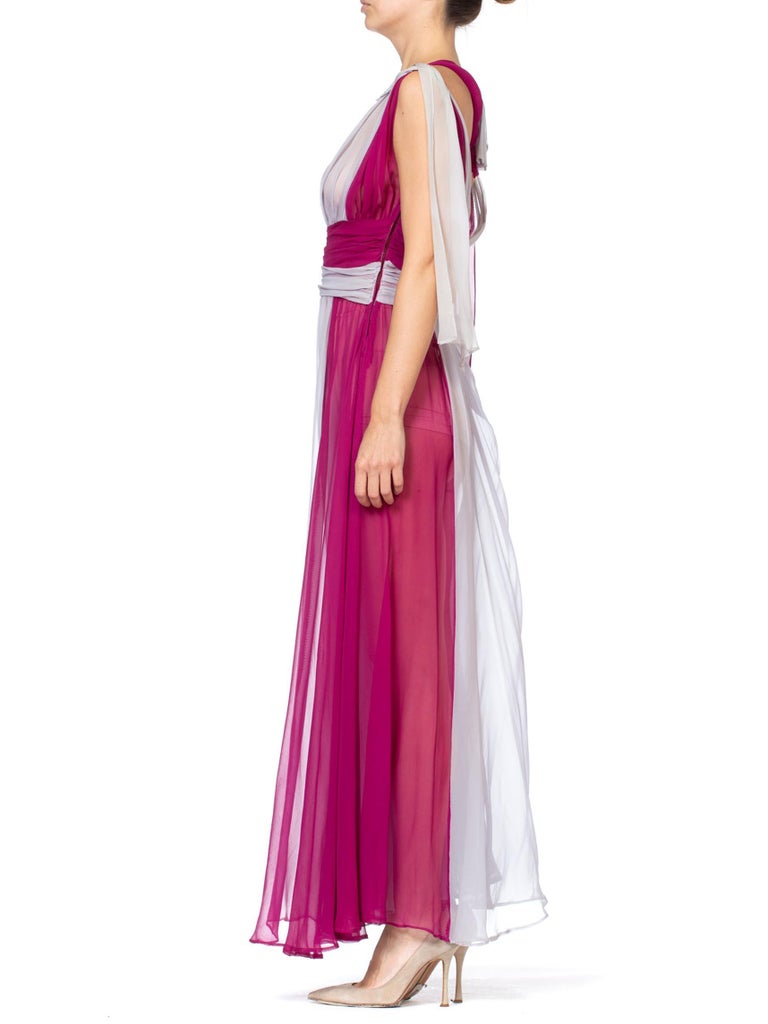 1930S Magenta and Grey Silk Chiffon Rare Color-Blocked Gown With ...