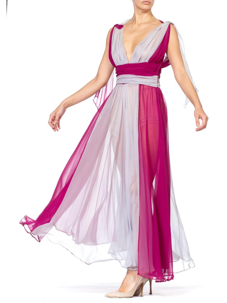 1930S Magenta and Grey Silk Chiffon Rare Color-Blocked Gown With ...