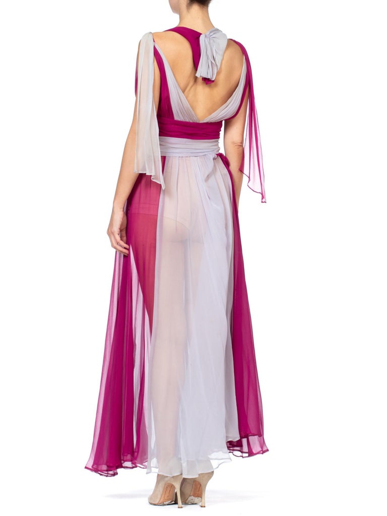 1930S Magenta and Grey Silk Chiffon Rare Color-Blocked Gown With ...