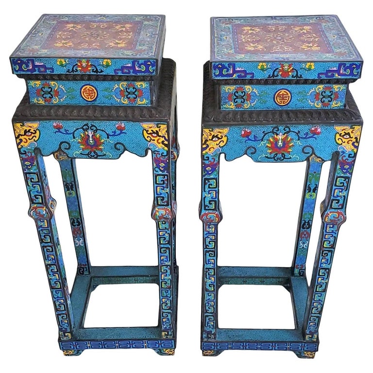 1930s Chines Mink Design Cloisonne Pedestal, a Pair For Sale at 1stDibs