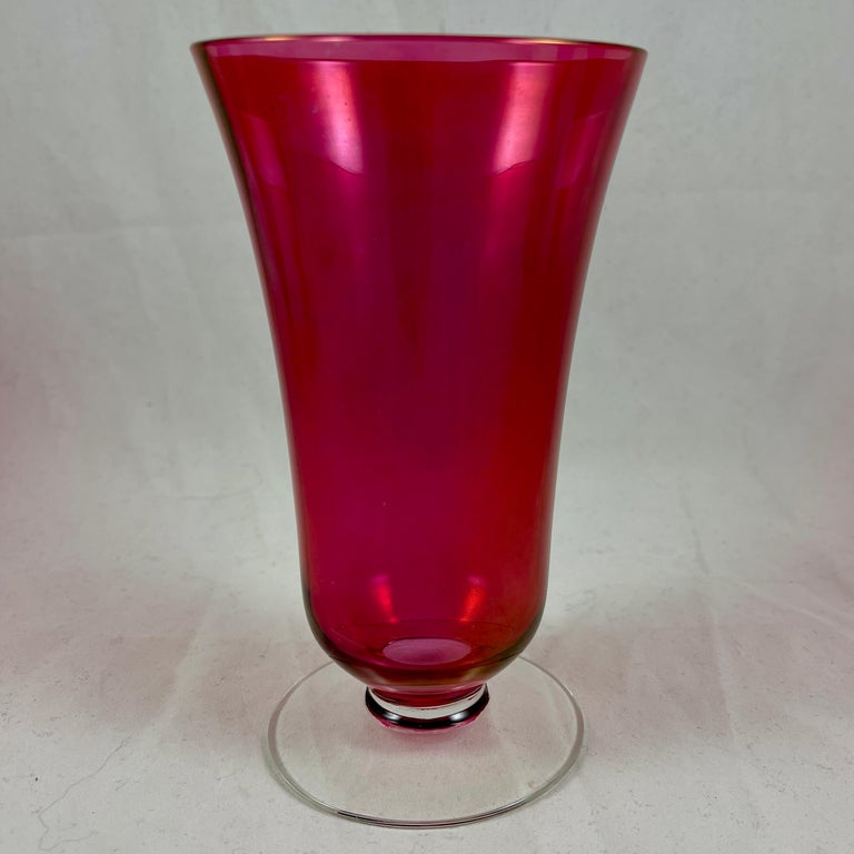 1930s Cranberry Optic Glass Art Deco Style Footed Ice Tea Goblets, Set ...