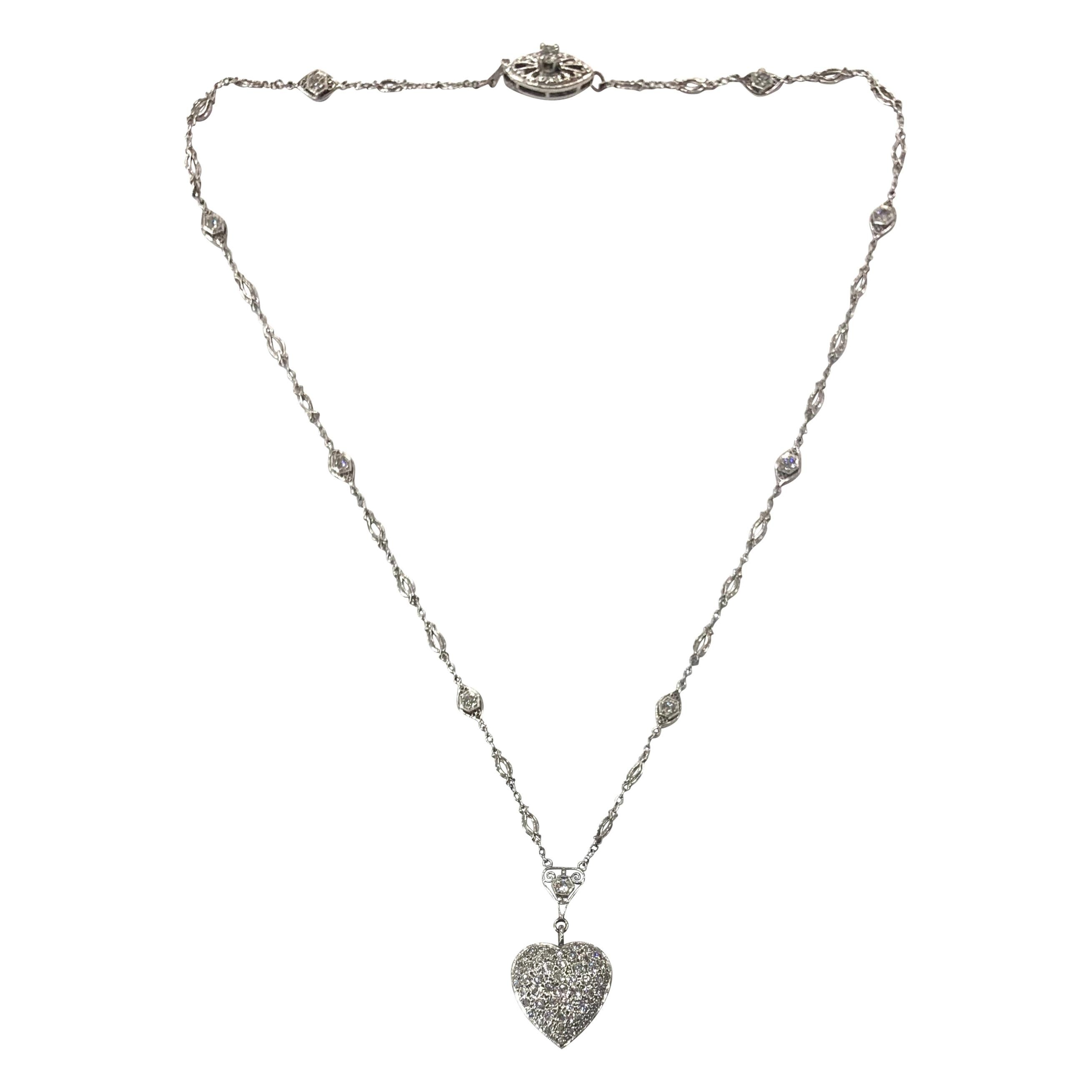 1930s Edwardian Style Diamond Set Heart Necklace For Sale at 1stDibs