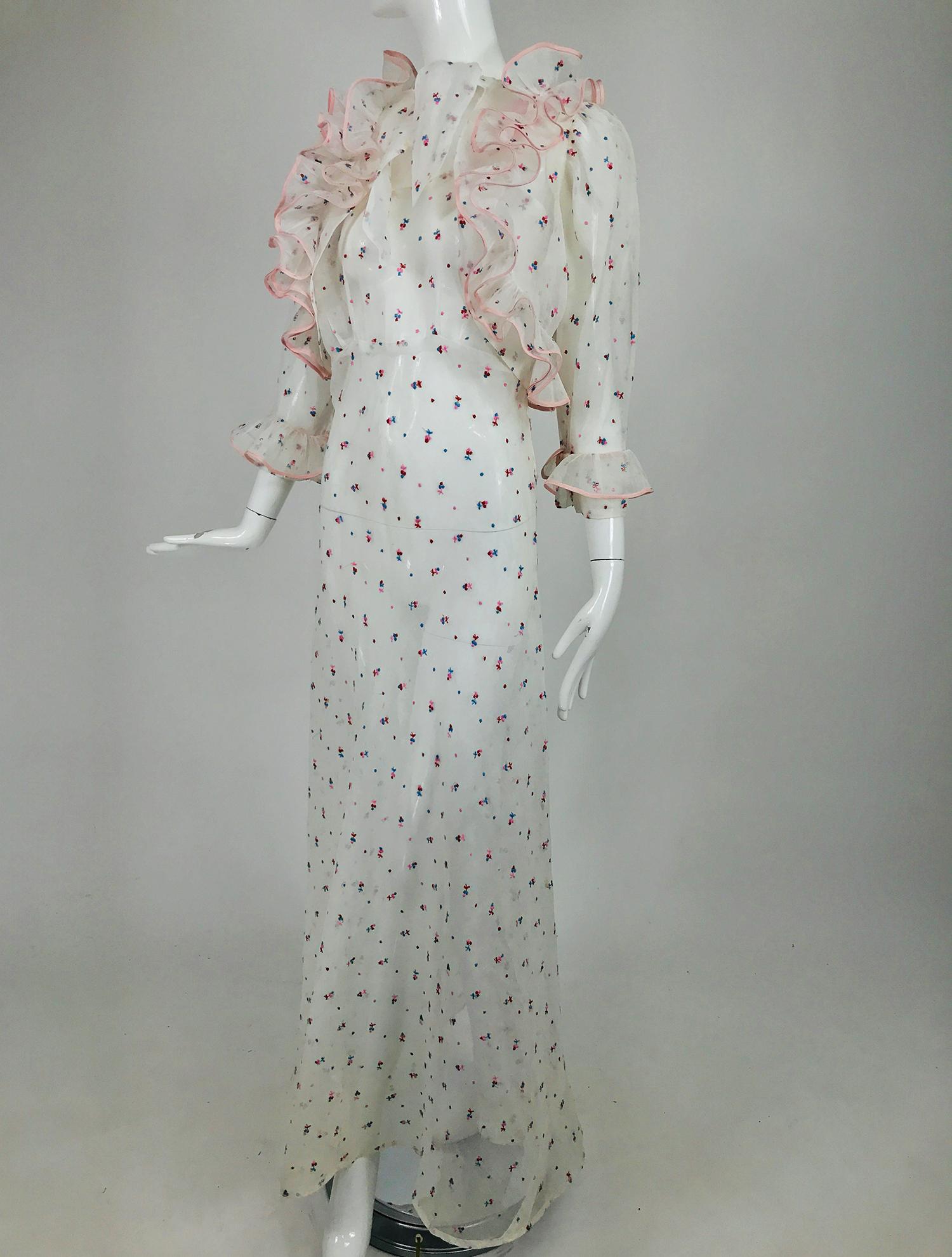1930s Embroidered White Organdy Ruffle Trim Bias Dress and Jacket ...