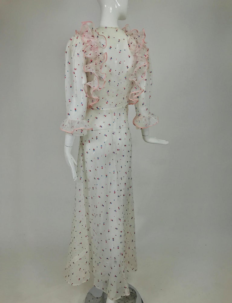 1930s Embroidered White Organdy Ruffle Trim Bias Dress and Jacket ...