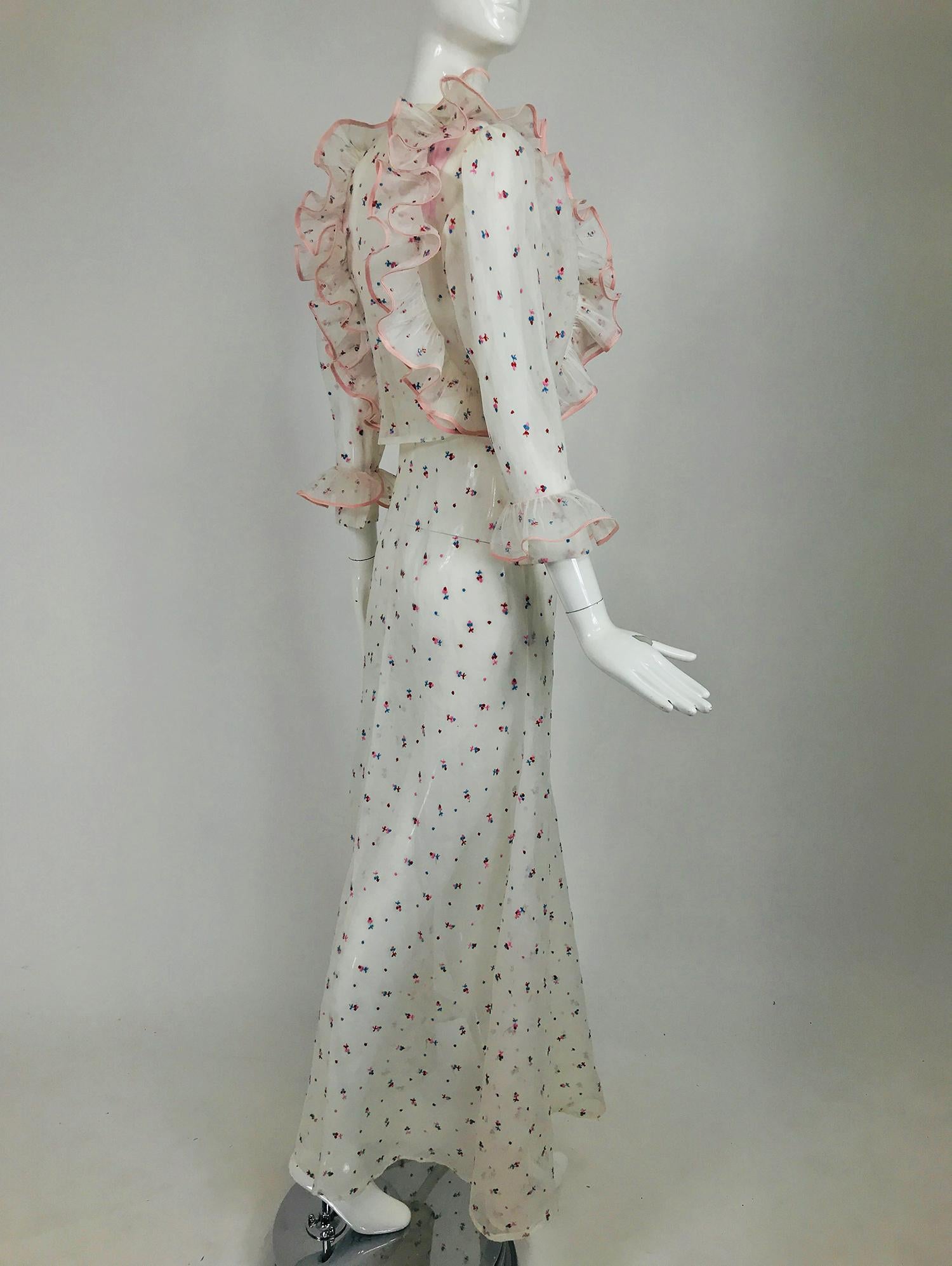 1930s Embroidered White Organdy Ruffle Trim Bias Dress and Jacket ...