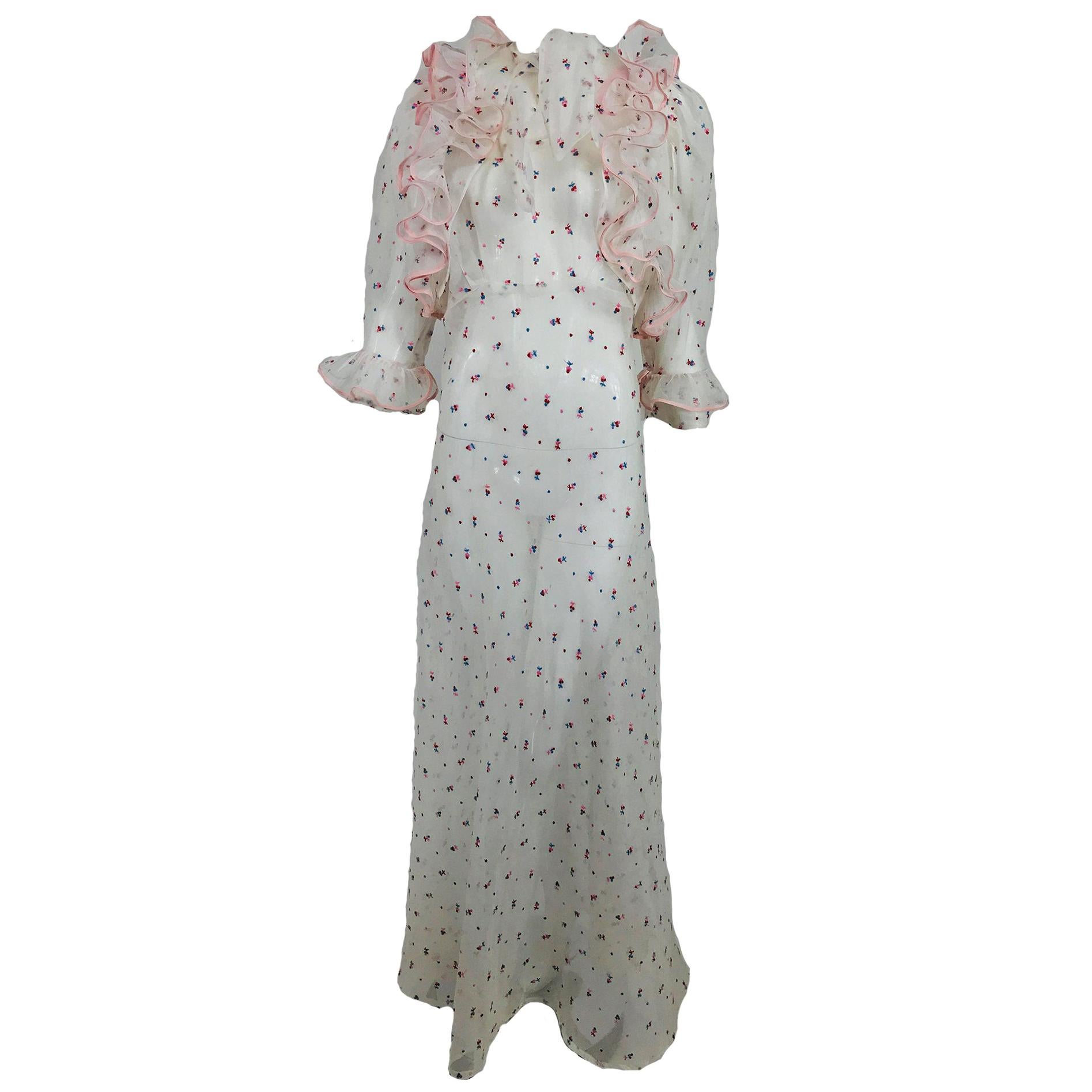 1930s Embroidered White Organdy Ruffle Trim Bias Dress and Jacket ...