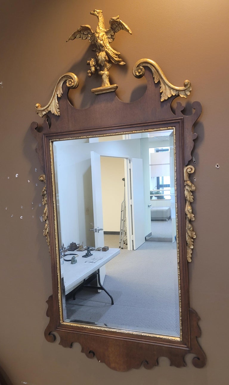 1930s English Chippendale Mahogany Parcel-Gilt Mirror w/ Phoenix Crest ...