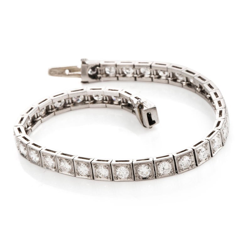 1930s European Diamond Square Platinum Straight Line Bracelet at 1stDibs