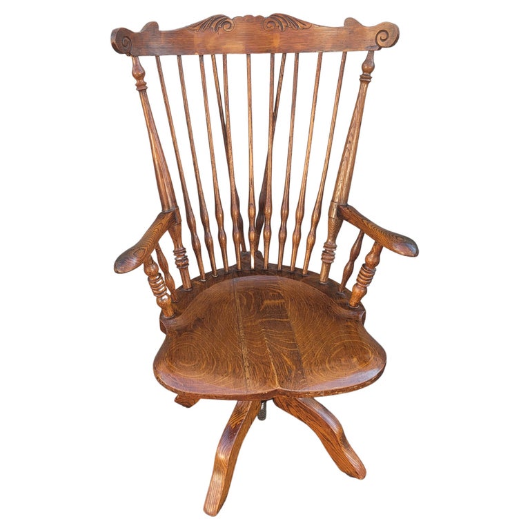 1930s Fiddleback Oak Windsor Style Tilting and Rolling Desk Chair W ...