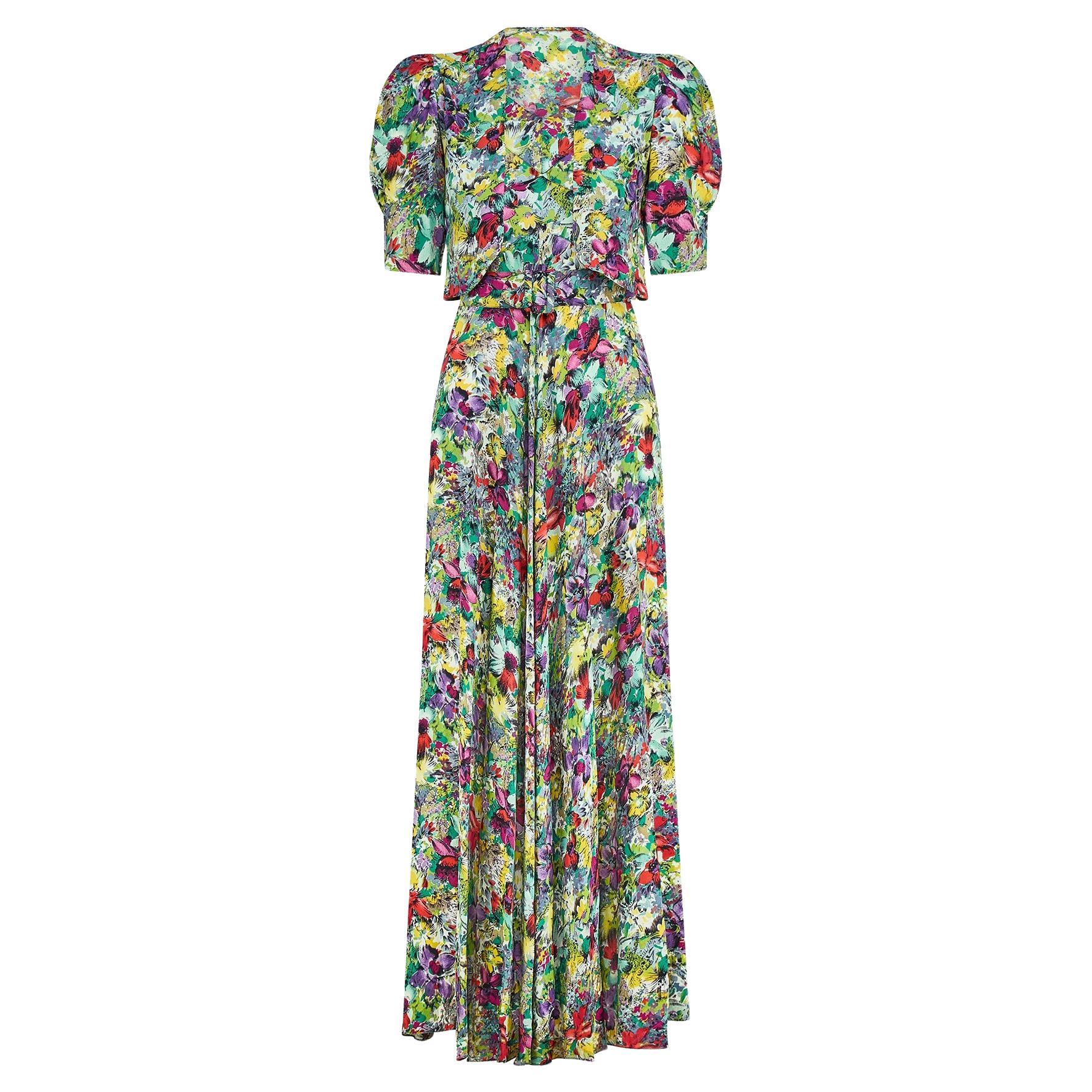 Vintage 1940's Silk Tiered Wildflower Print Gown UK 12 US 8 For Sale at ...
