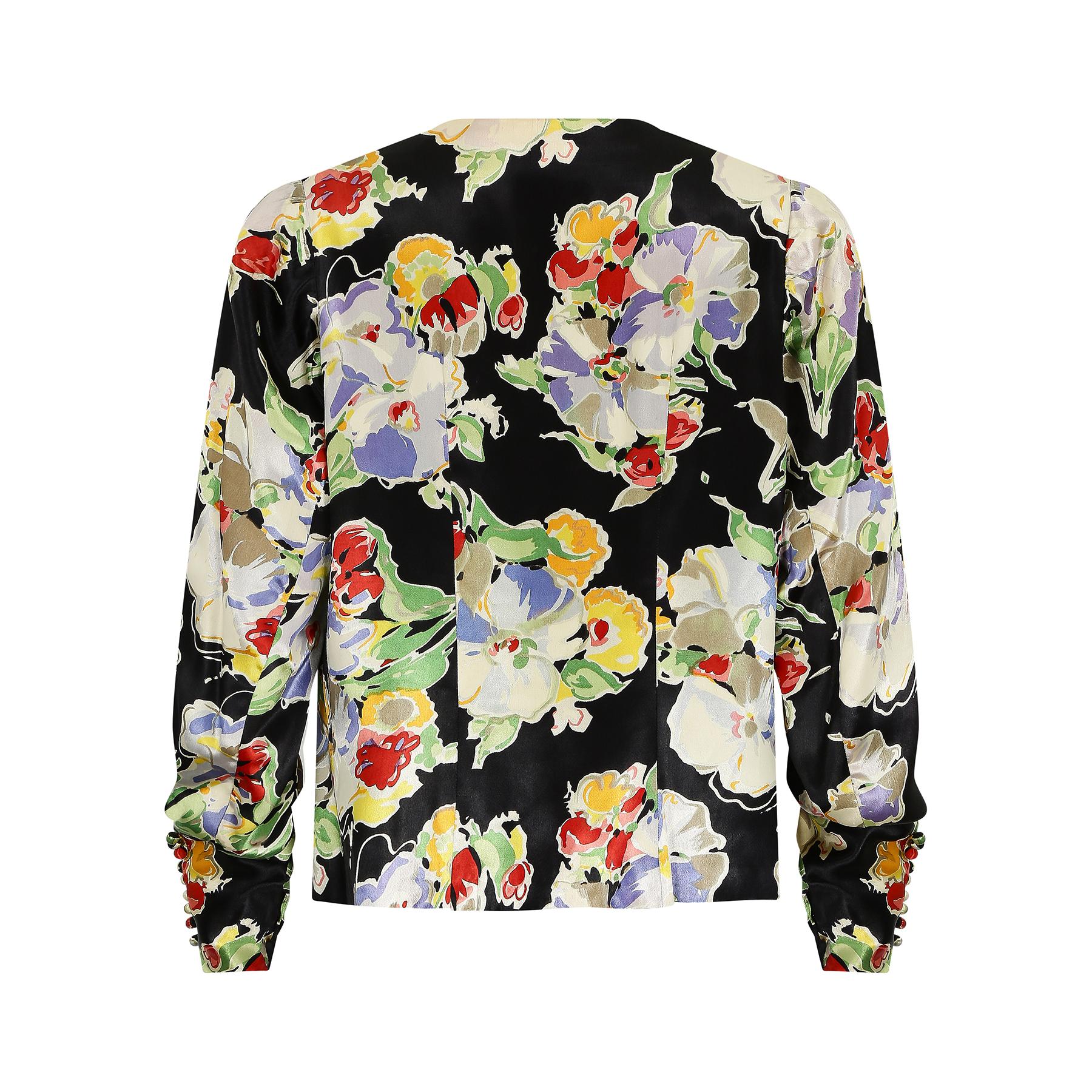 1930s Floral Satin Jacket with Buttoned Cuffs For Sale at 1stDibs