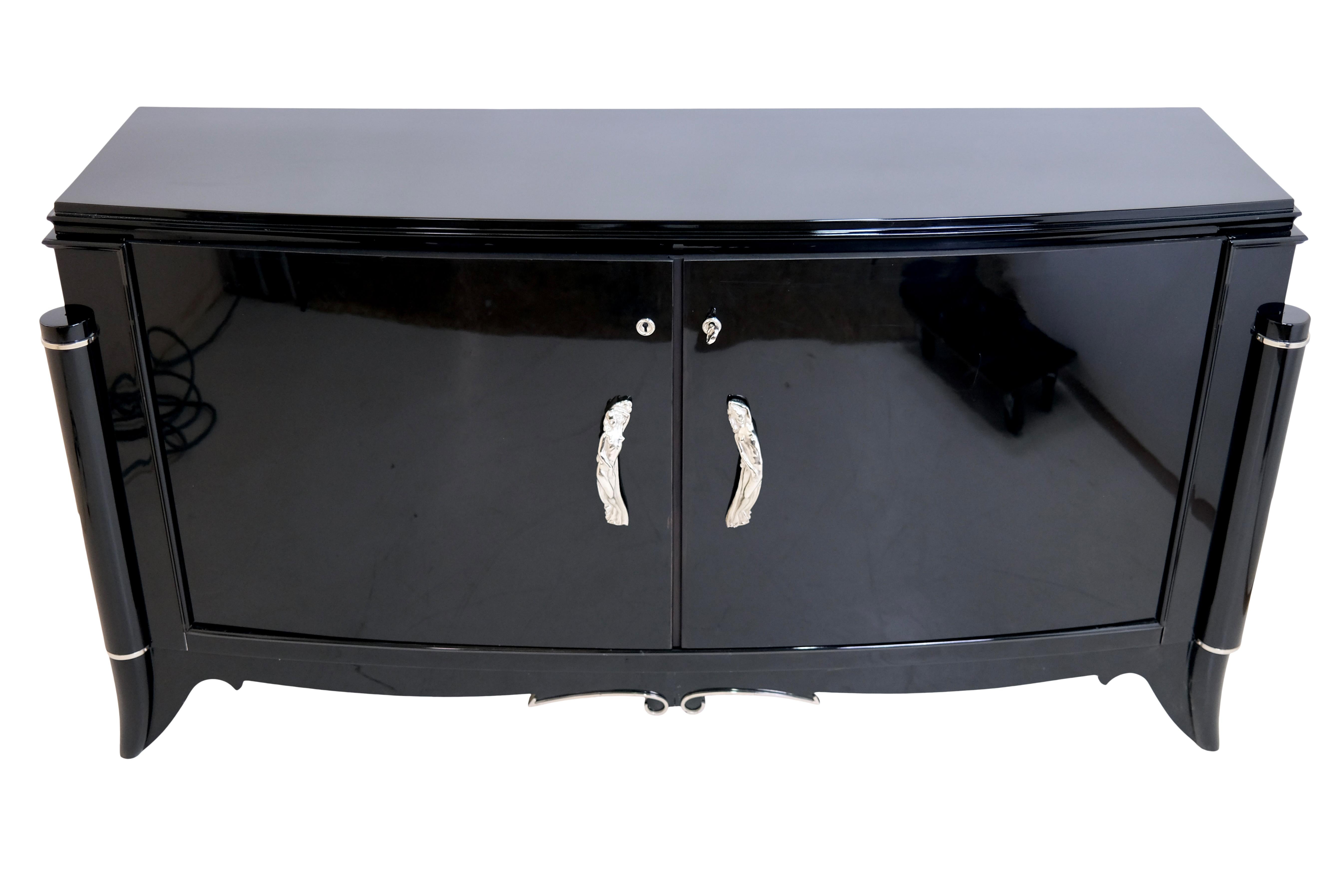 1930s French Art Deco Sideboard in Black Piano Lacquer with Figural ...