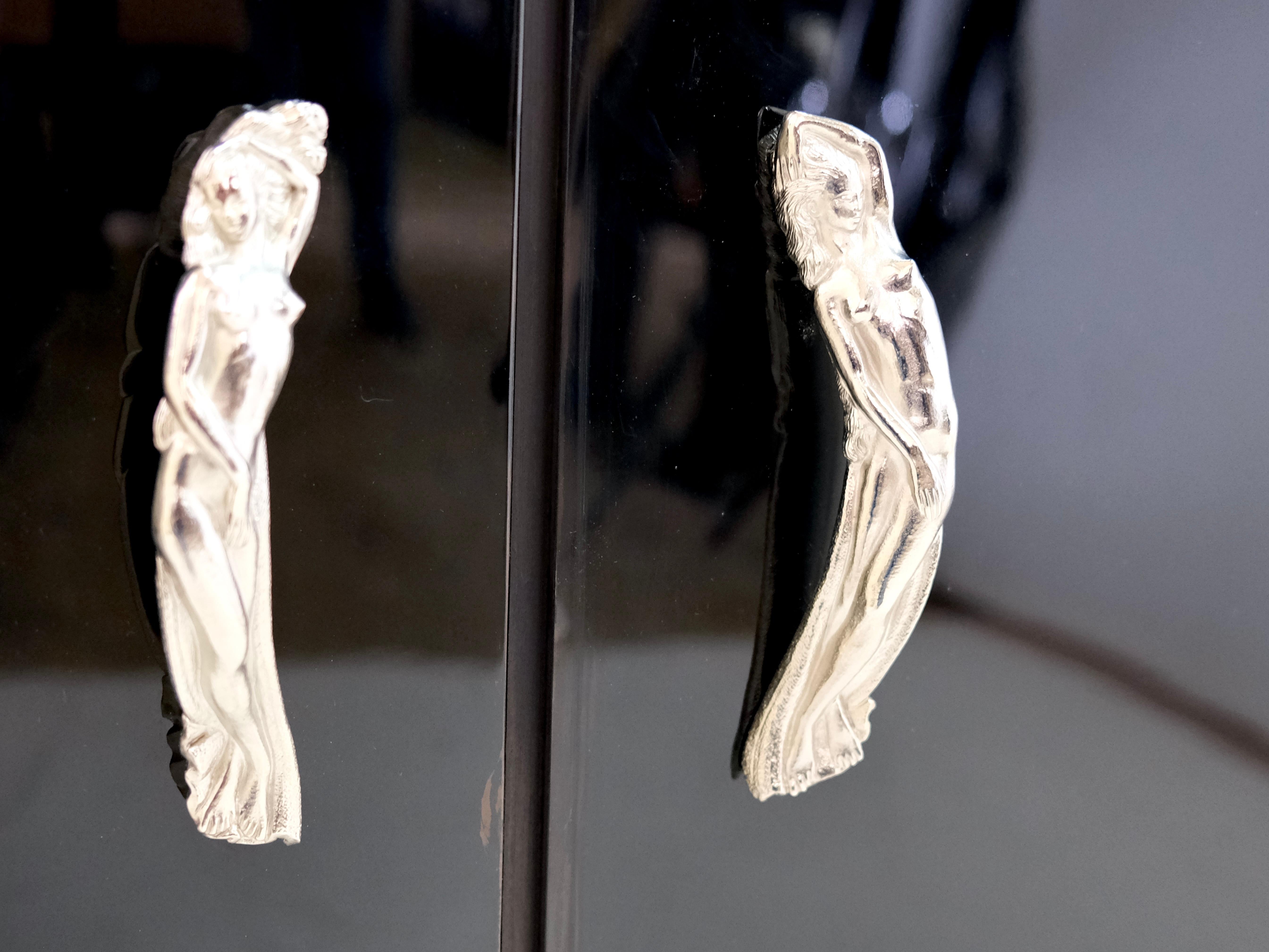 1930s French Art Deco Sideboard in Black Piano Lacquer with Figural ...