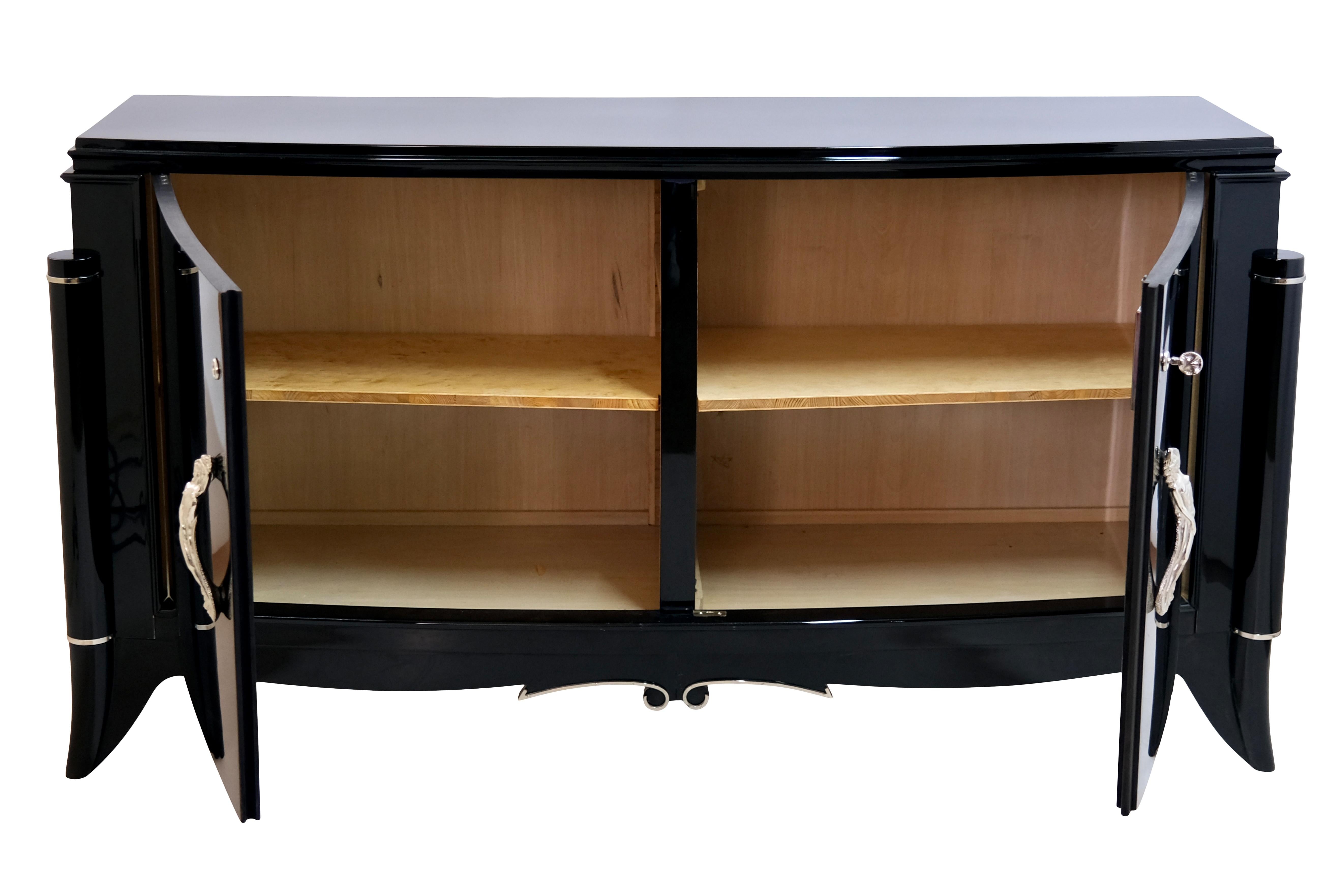 1930s French Art Deco Sideboard in Black Piano Lacquer with Figural ...
