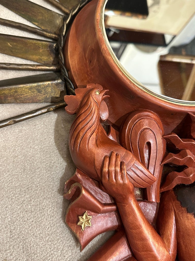 1930s French Carved Wood and Brass Sunburst Wall Mirror For Sale at 1stDibs