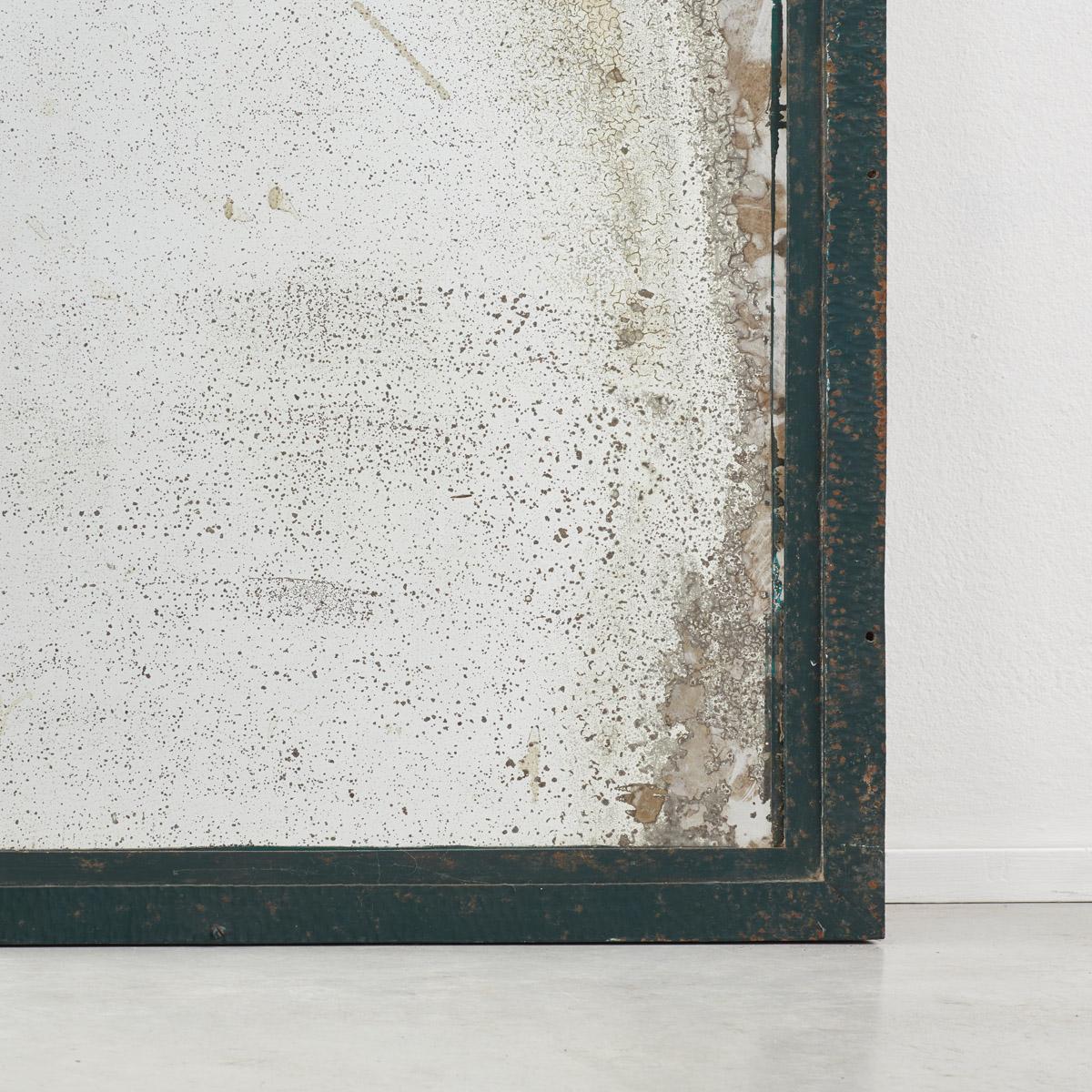 1930s French distressed vintage mirror in green painted hammered ...