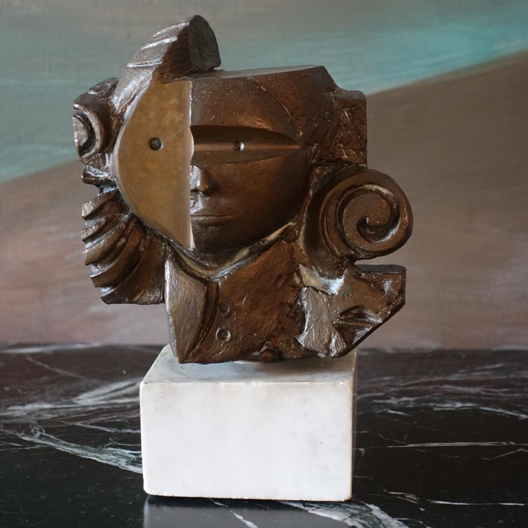 1930s Italian Cubist Bronze Female Figure Sculpture, White Marble Base ...