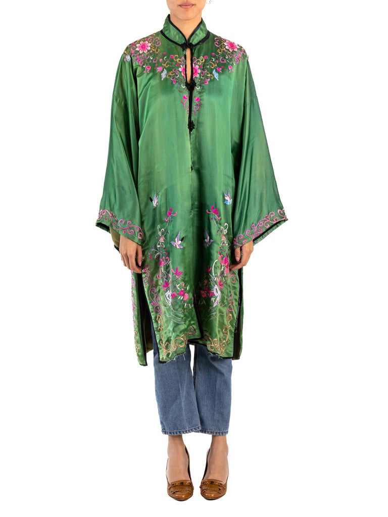 1930S Jade Green Hand Embroidered Silk Satin Jacket With Red and Pink ...