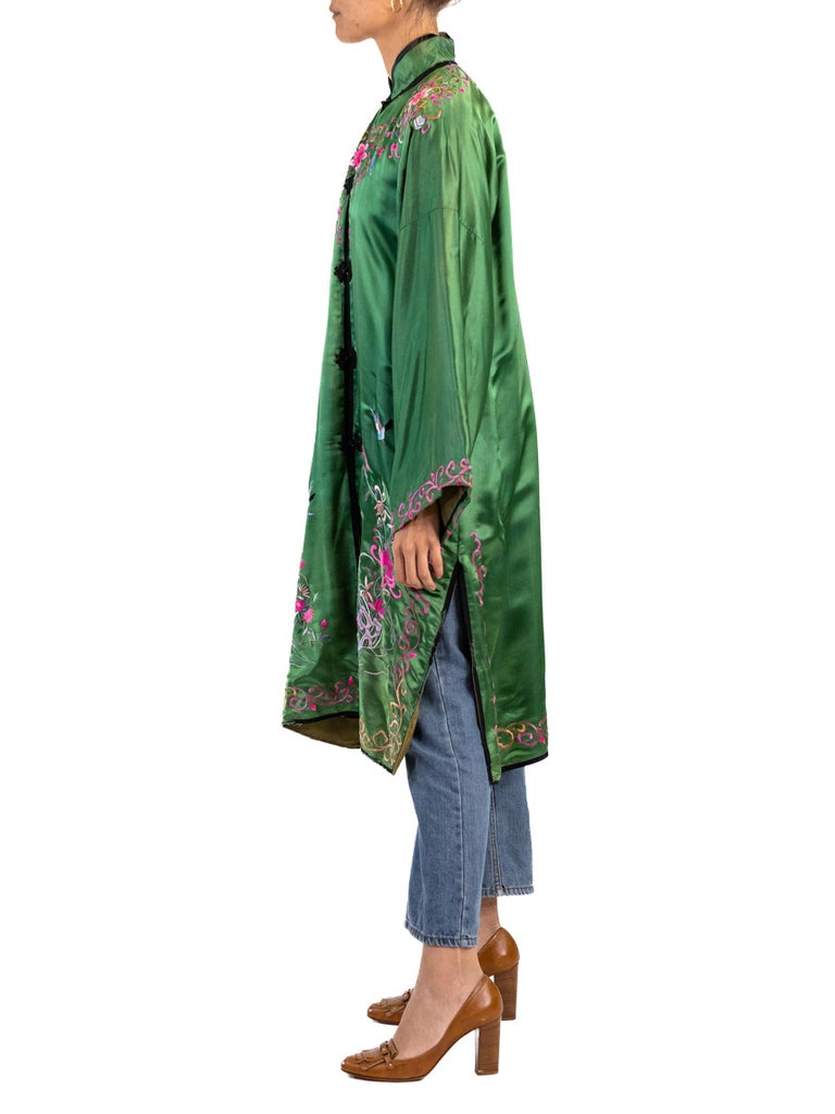 1930S Jade Green Hand Embroidered Silk Satin Jacket With Red and Pink ...