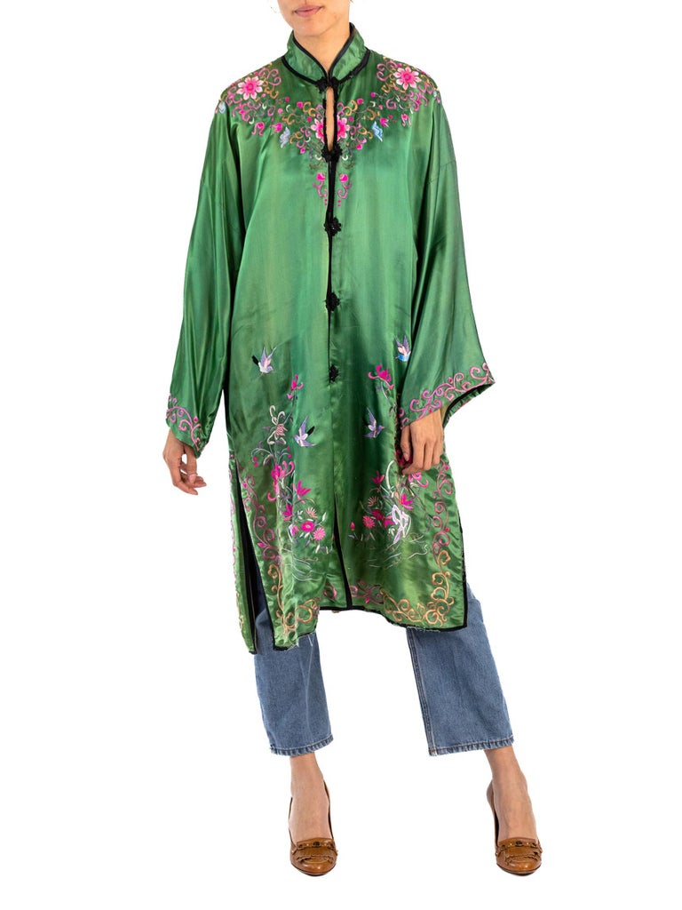 1930S Jade Green Hand Embroidered Silk Satin Jacket With Red and Pink ...