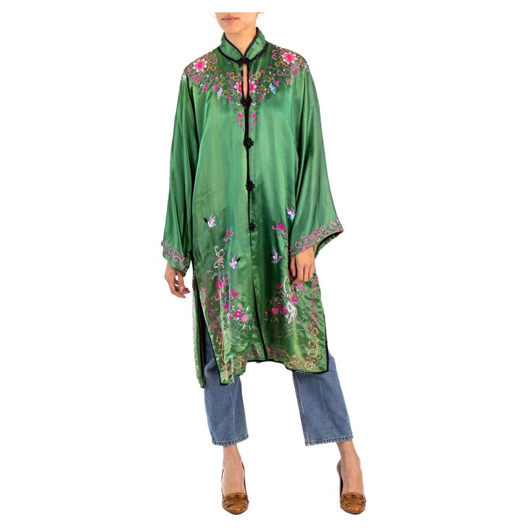 1930S Jade Green Hand Embroidered Silk Satin Jacket With Red and Pink ...