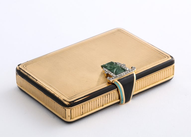 Art Deco Cartier 18 Karat Gold Box Enamel Carved Jade Diamonds Compact ...