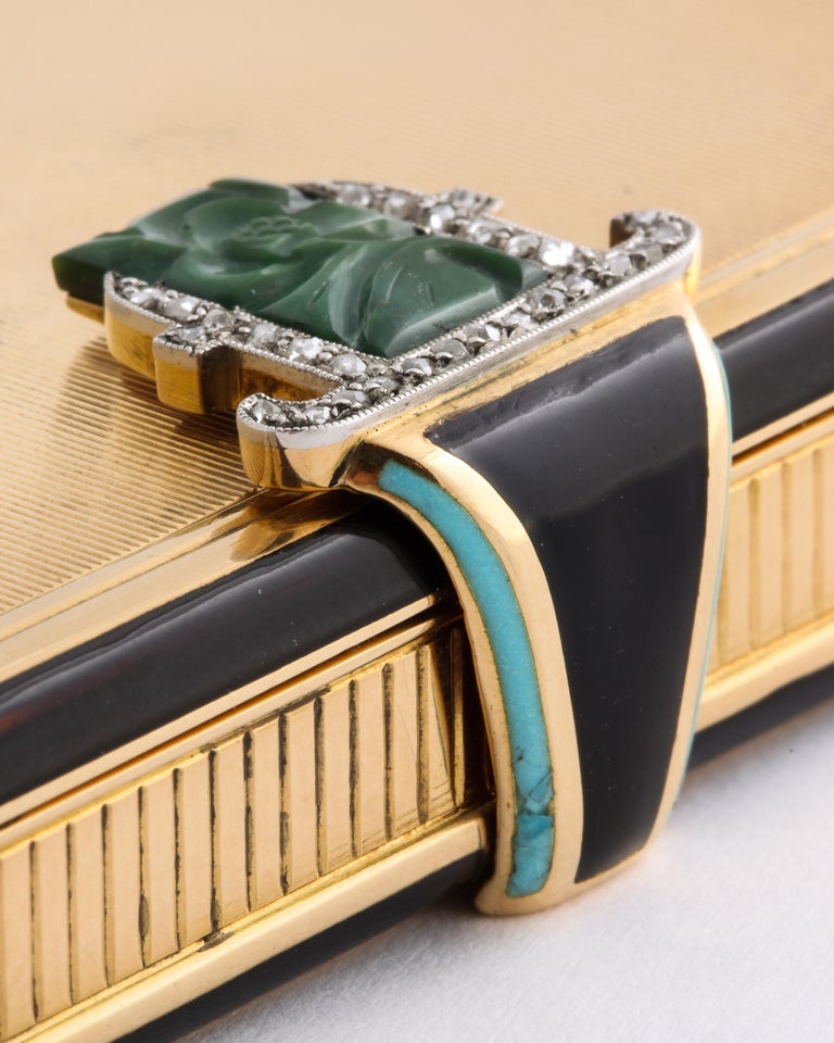 Art Deco Cartier 18 Karat Gold Box Enamel Carved Jade Diamonds Compact ...