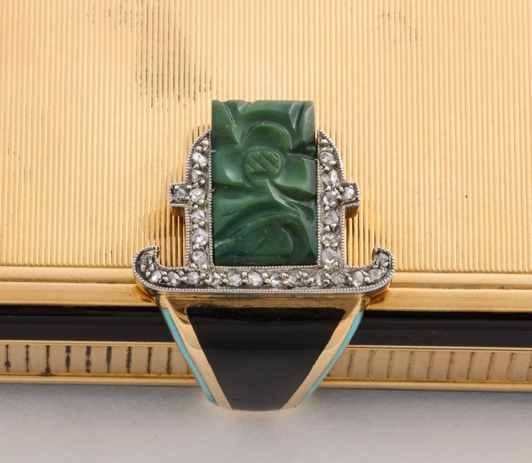 Art Deco Cartier 18 Karat Gold Box Enamel Carved Jade Diamonds Compact ...