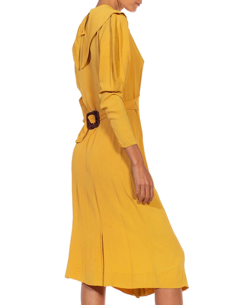 1930S Mustard Yellow Rayon Crepe Caplet Dress With Leg O Mutton Sleeves ...