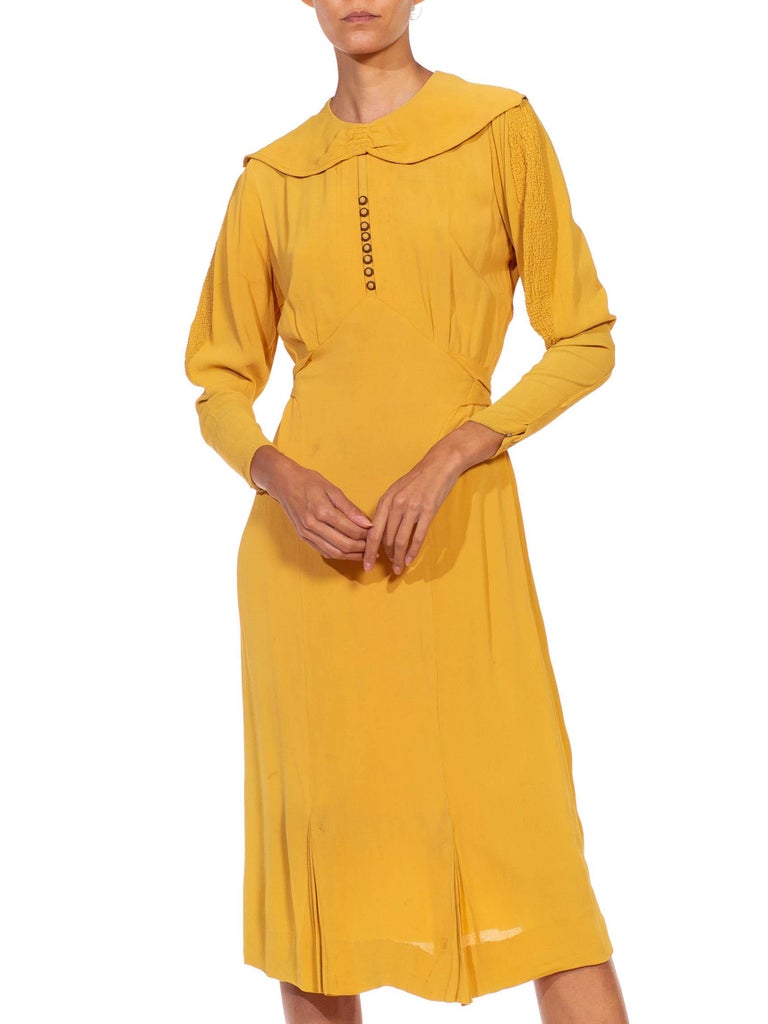 1930S Mustard Yellow Rayon Crepe Caplet Dress With Leg O Mutton Sleeves ...