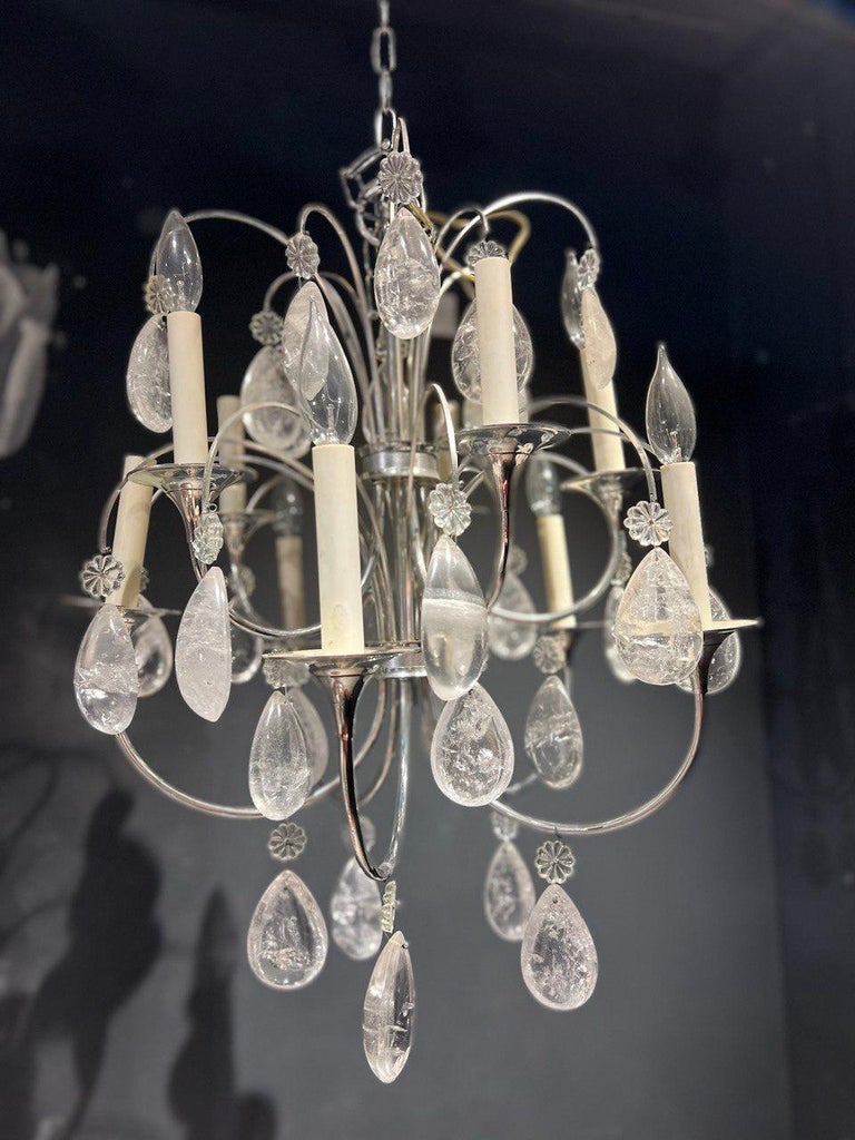 1930s Nickel Plated Rock Crystal Chandelier For Sale at 1stDibs