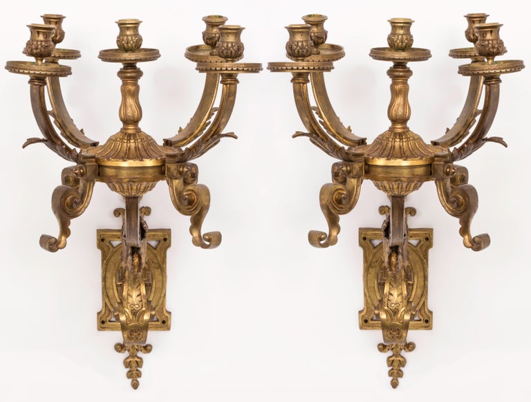 1930s Pair Bronze Gilt Large Wall Sconces For Sale at 1stDibs