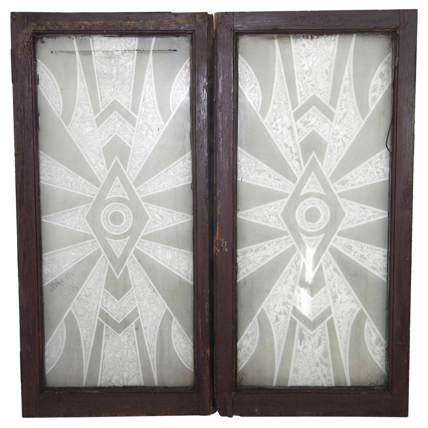 1930s Pair of Art Deco Decorative Patterned Textured Glass Windows For ...