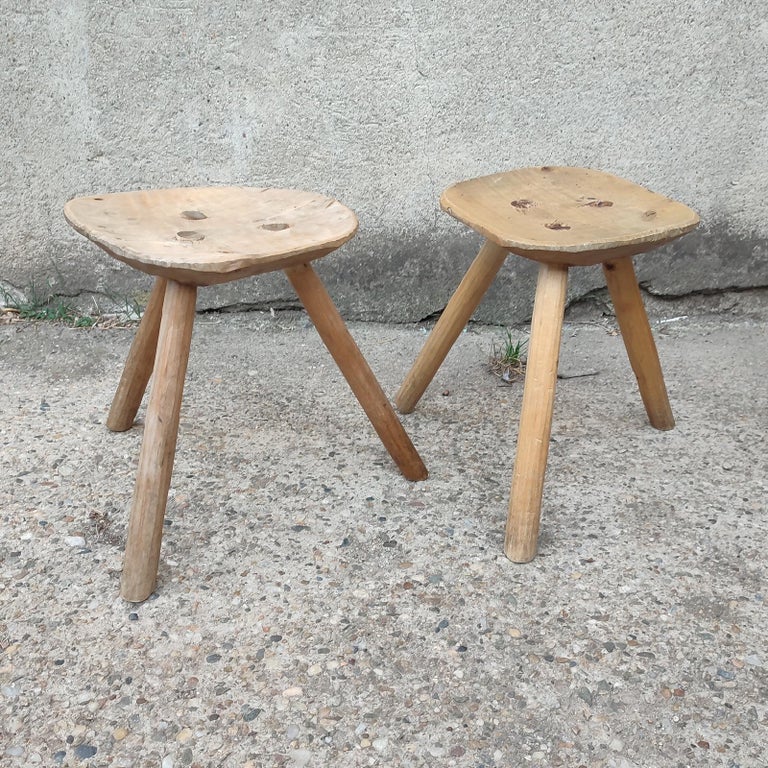 1930s Primitive Rustic Wood Splayed Leg Tripodal Stools For Sale at 1stDibs